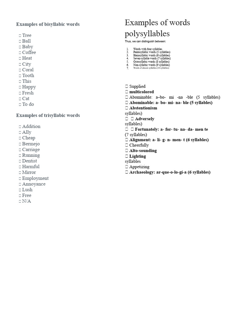 Examples of Bisyllabic Words | PDF