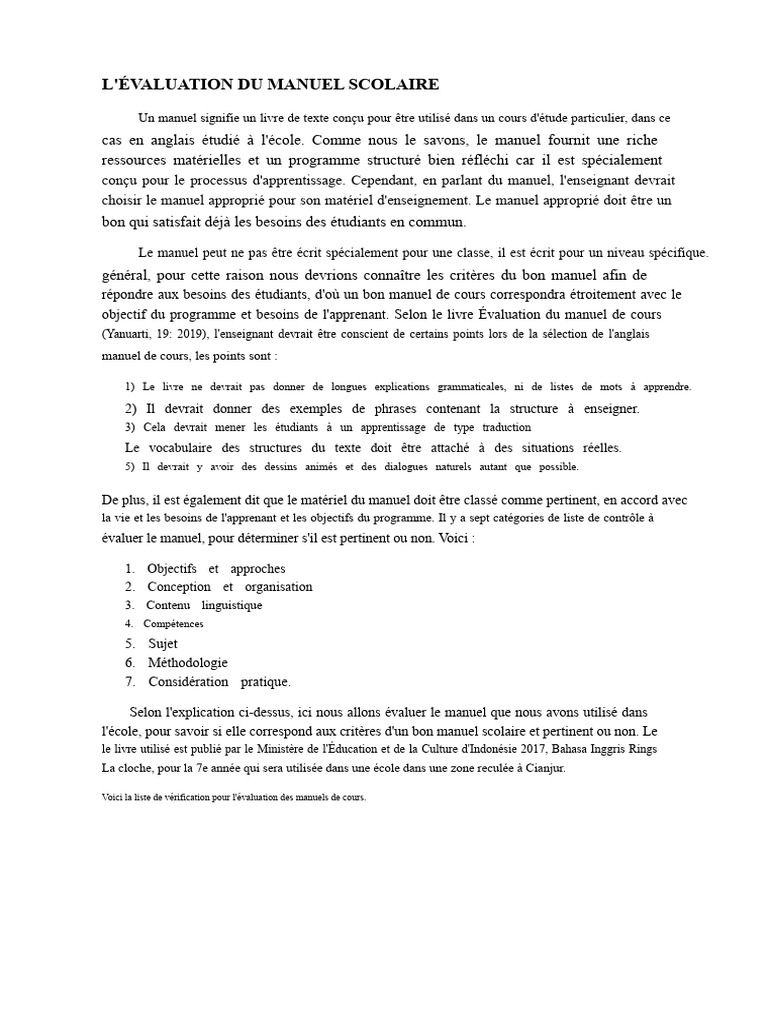 Évaluation du Manuel Scolaire d'Anglais | PDF | Apprentissage ...