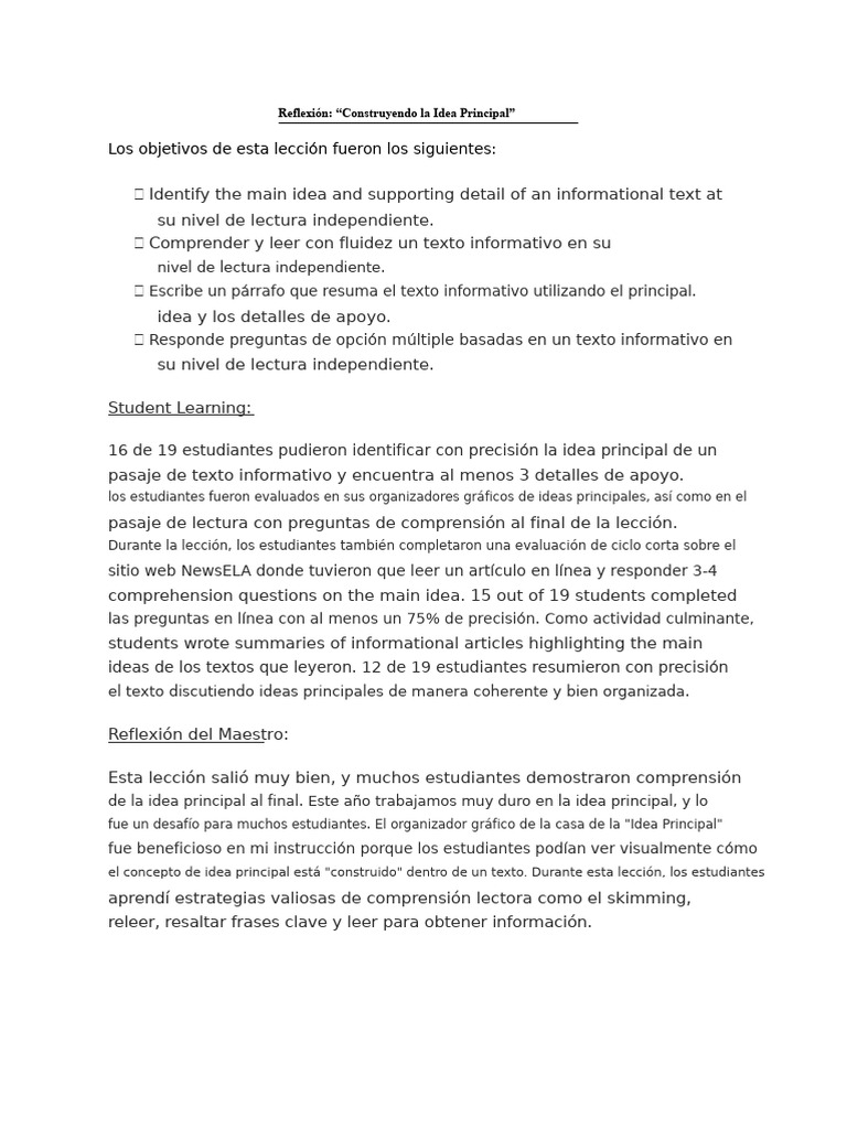 Reflexión Sobre La Idea Principal | PDF | Comprensión lectora | Aprendizaje