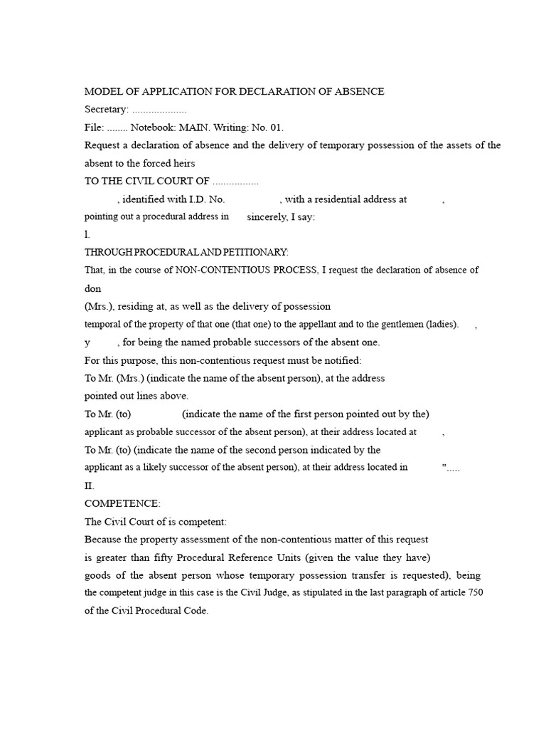Request Model For Declaration of Absence | PDF | Jurisdiction | Judiciaries