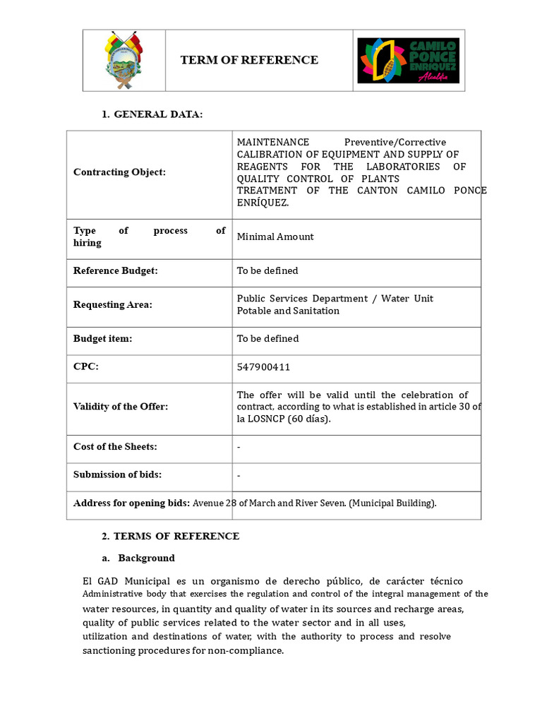 Terms of Reference Format | PDF | Calibration | Drinking Water