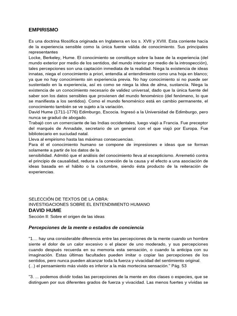 Empirismo: Filosofía de la Experiencia | PDF | David Hume | Conocimiento