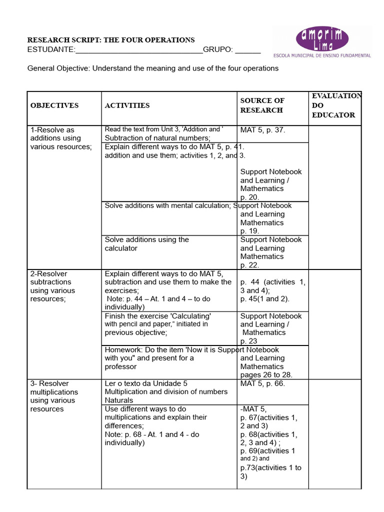 Script - 5th Grade - The Four Operations | PDF | Mathematics