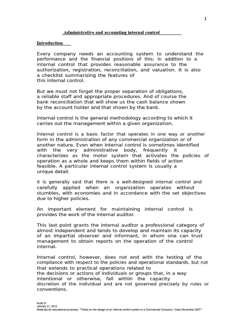 The Administrative and Accounting Internal Control | PDF | Internal ...