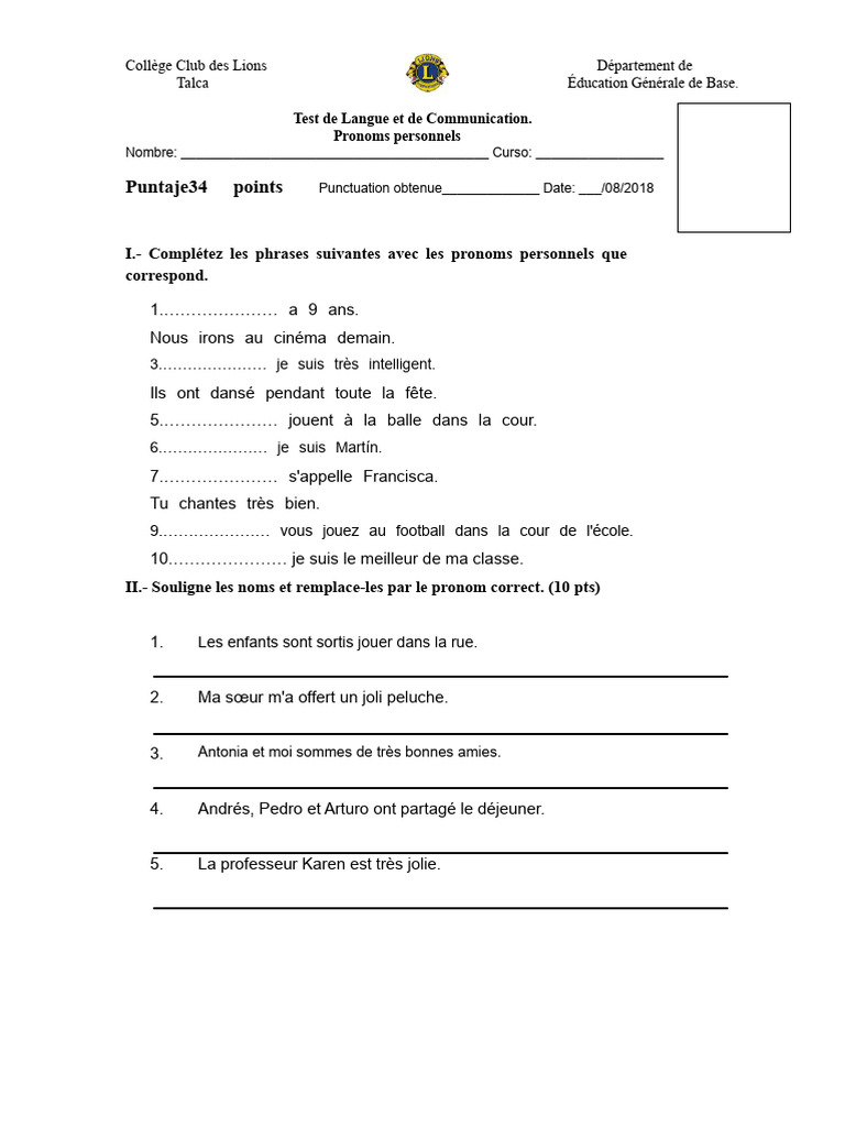 Test de pronoms personnels en français | PDF