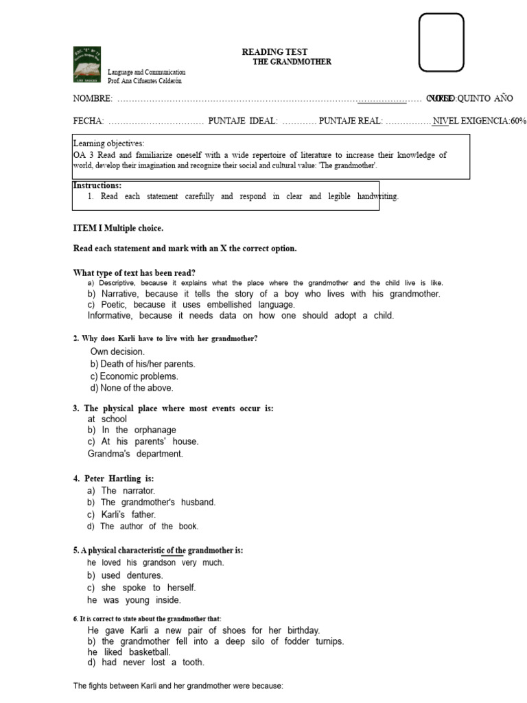 Reading Test: The Grandmother Analysis | PDF | Multiple Choice