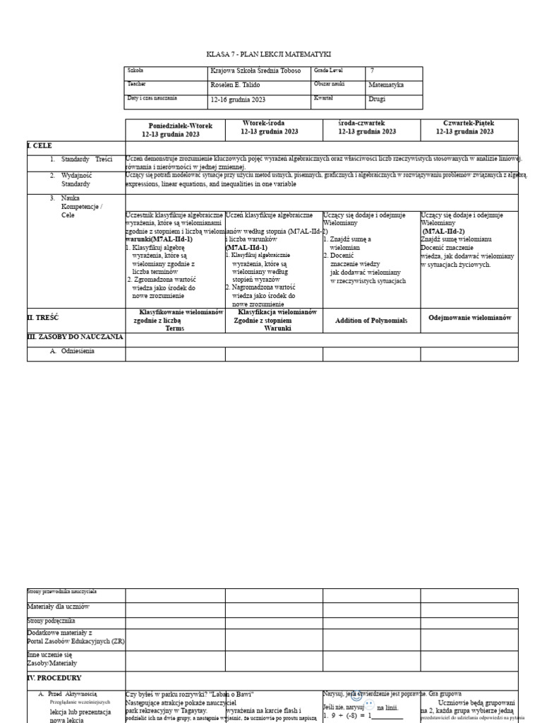Codzienny plan lekcji | PDF