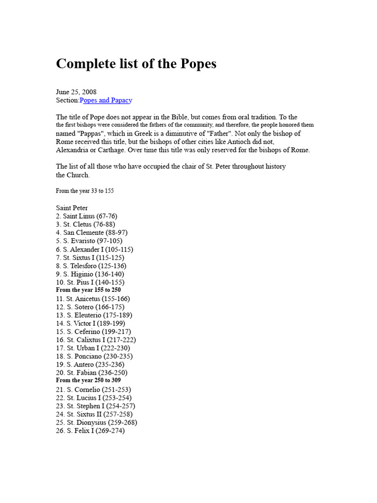 Complete List of The Popes | PDF | Pope | Religion And Politics