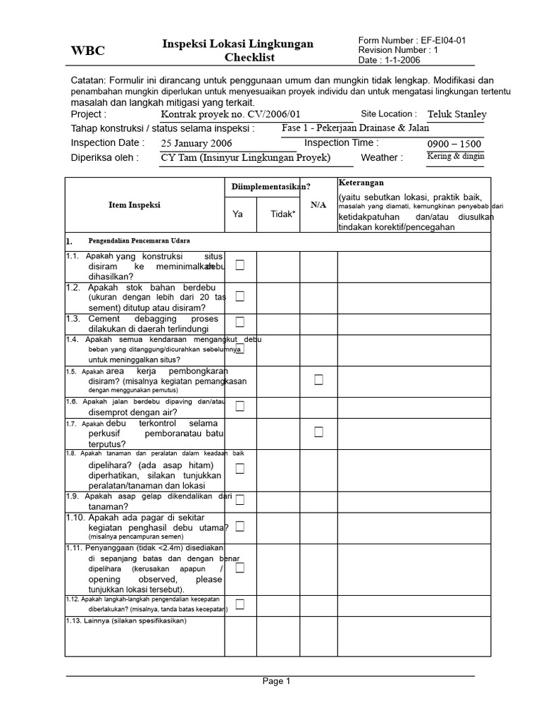 Checklist Inspeksi Lingkungan Proyek Konstruksi | PDF