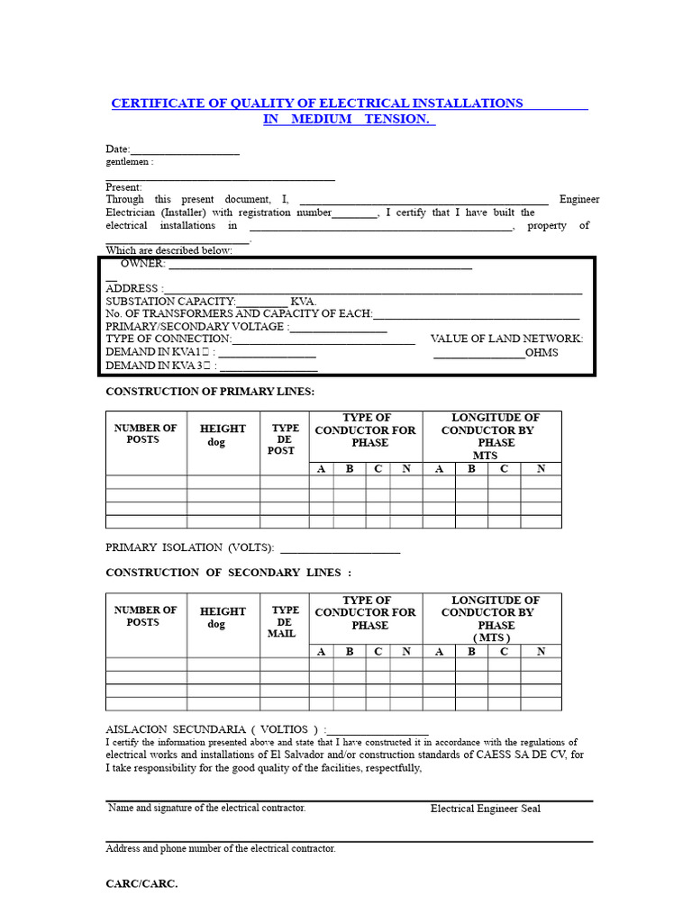 Medium Tension Electrical Installation Certificate | PDF | Electrical ...