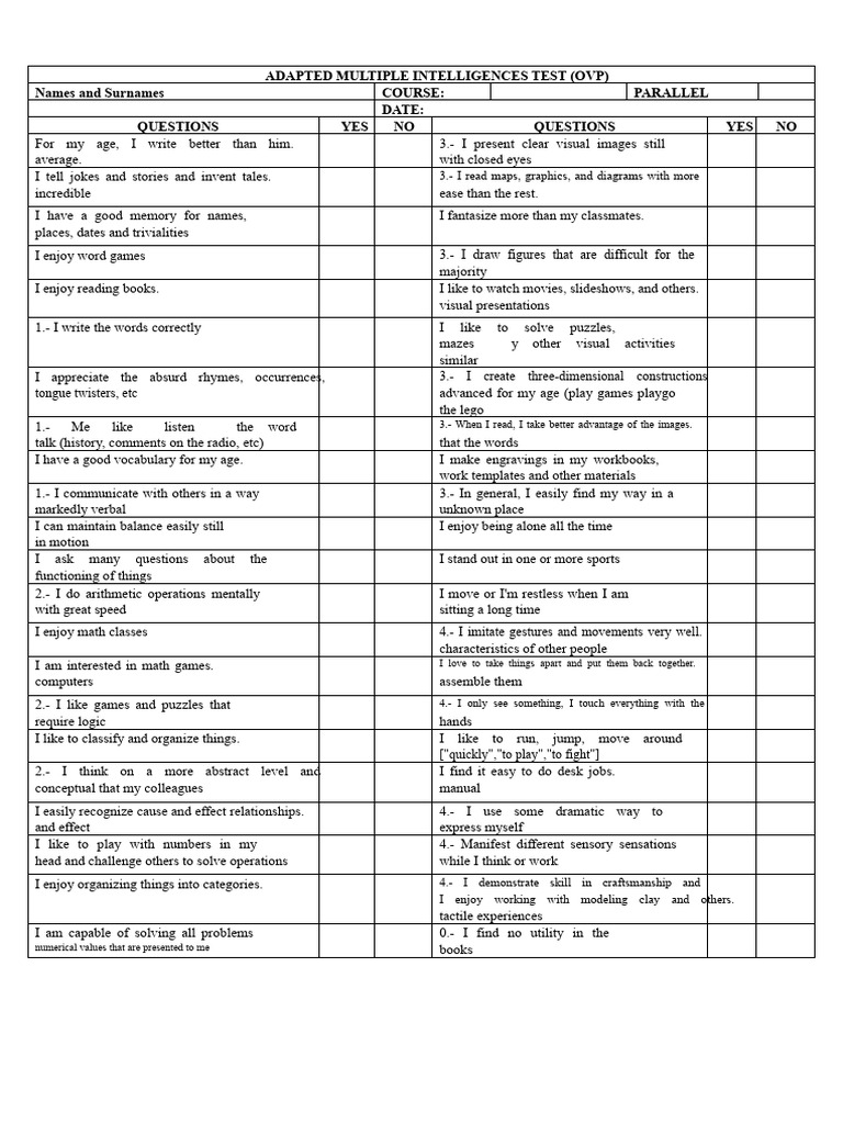 Multiple Intelligences Adapted Test | PDF | Mathematics | Cognition