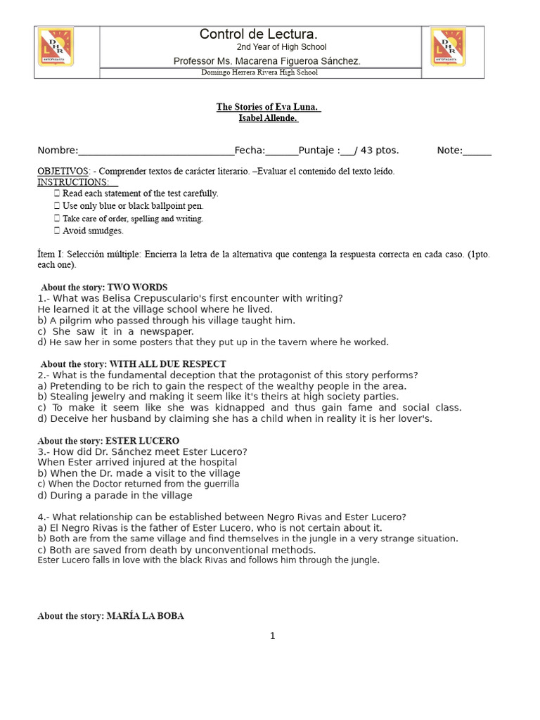 Control de Lectura: Eva Luna Test | PDF