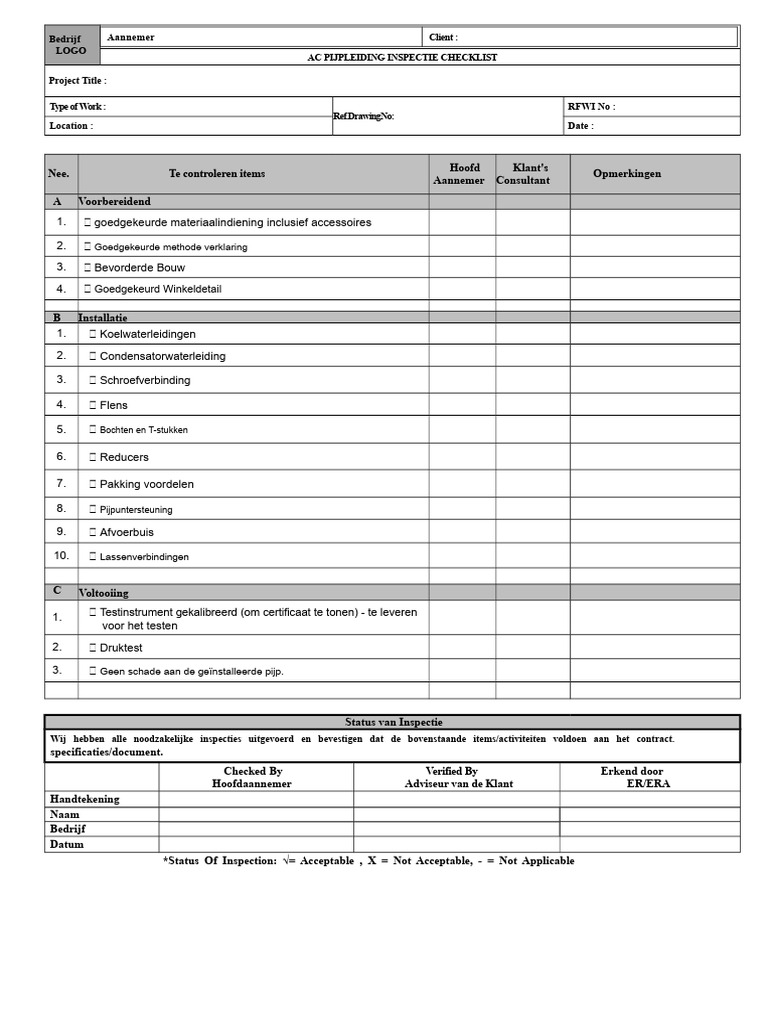 M - AC Pijpleiding INSPECTIE CHECKLIST | PDF