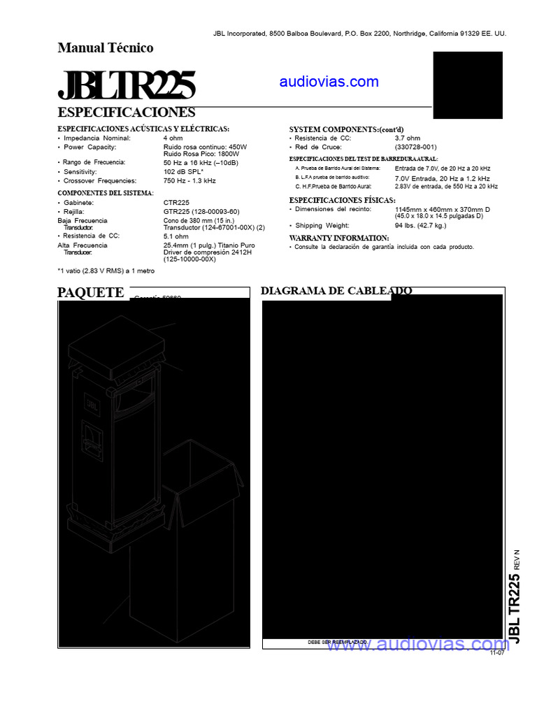 Especificaciones del JBL TR225 | PDF | Producción de sonido ...