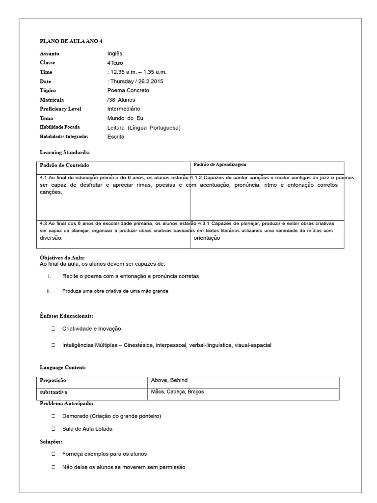 Plano de Aula Ano 4 | PDF