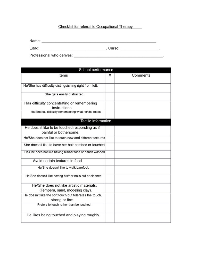Checklist For Referral To Occupational Therapy | PDF