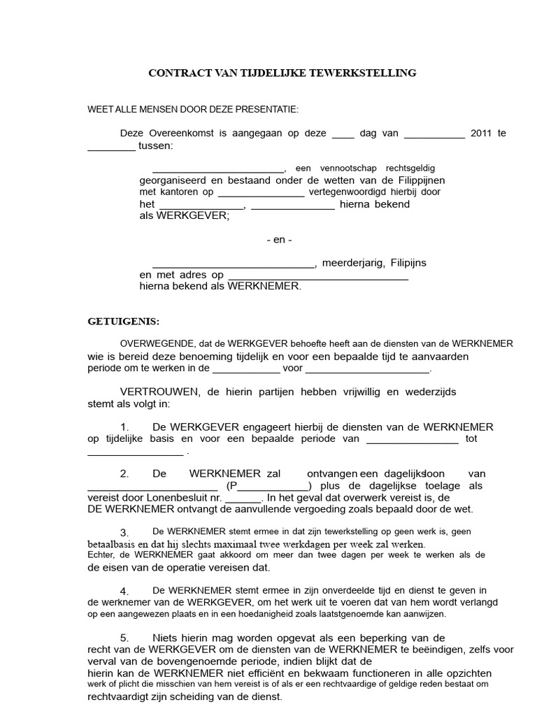 Voorbeeld Sjabloon - Contract Van Tijdelijke Werkgelegenheid | PDF