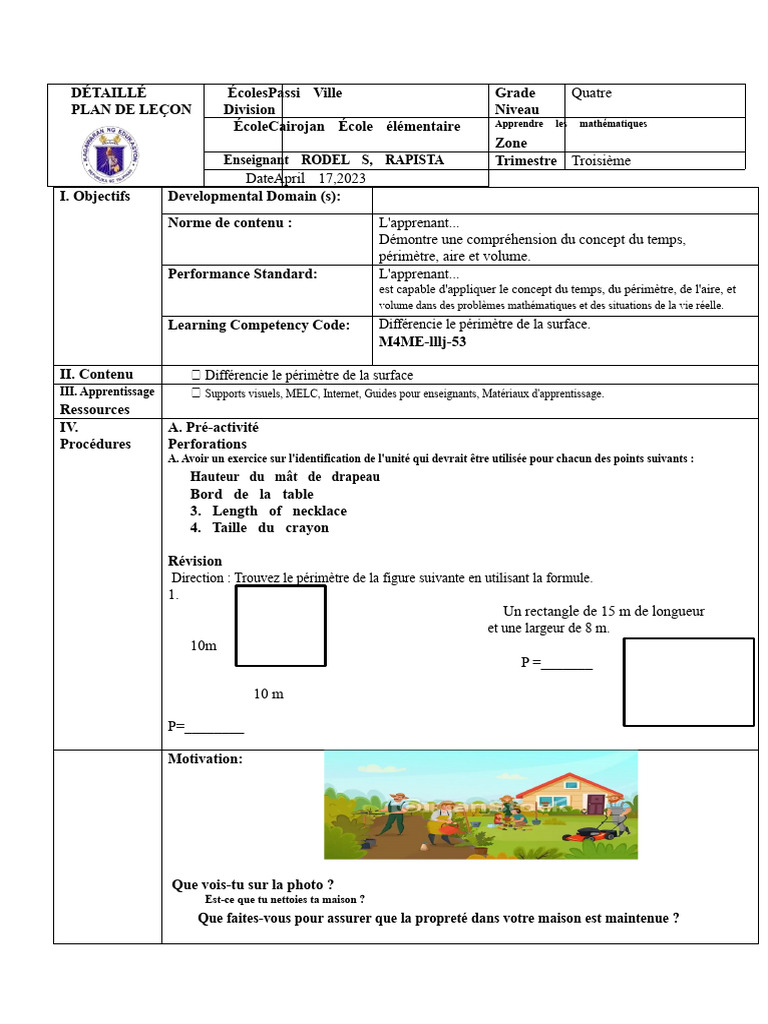 Mathématiques : Périmètre et Aire en Classe | PDF | Zone | Apprentissage