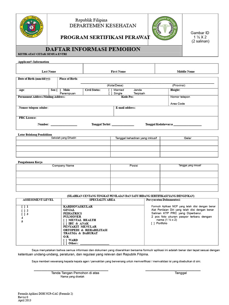 Formulir Aplikasi NCP DOH | PDF