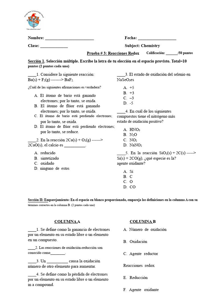 Prueba 3 Reacciones Redox Pdf Redox Agente Oxidante