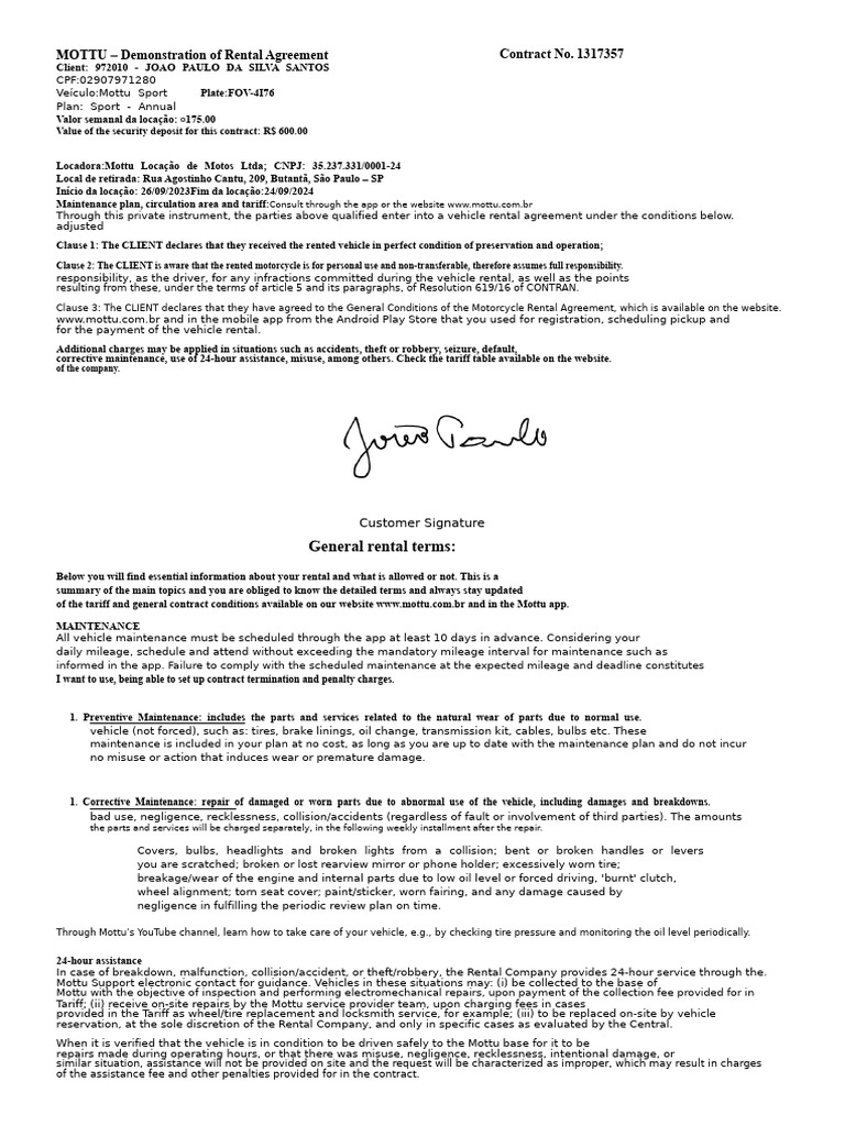 Mottu - Demonstrative of Contract - 1317357 | PDF | Robbery | Fee
