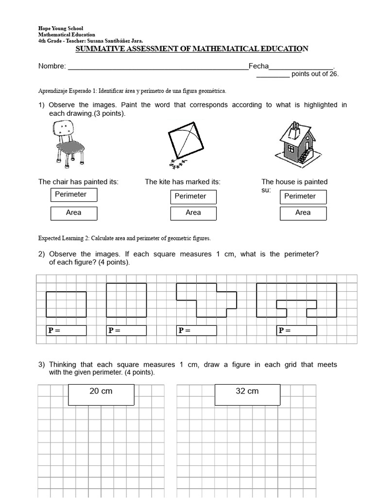 Summative Assessment, Fourth Grade, Area and Perimeter | PDF