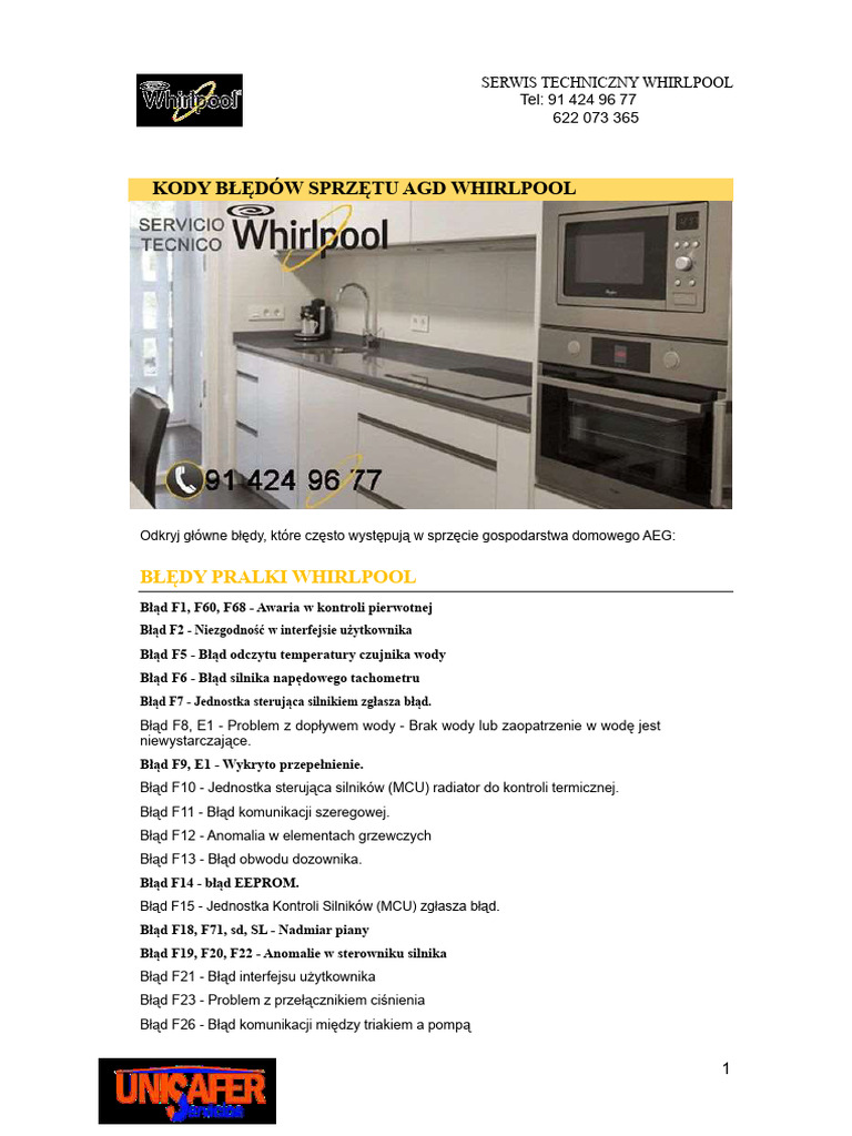 Błędy sprzętu AGD Whirlpool | PDF