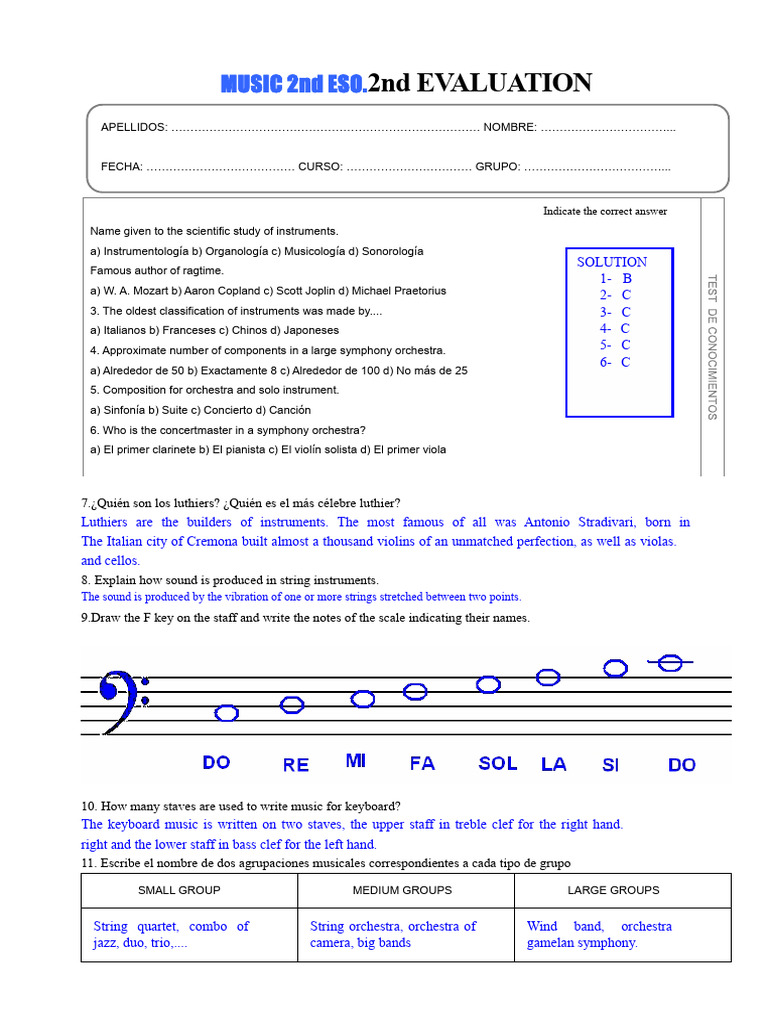 SOL - EXAMINATION MUSIC 2nd ESO - 2nd EVALUATION | PDF | Musical ...
