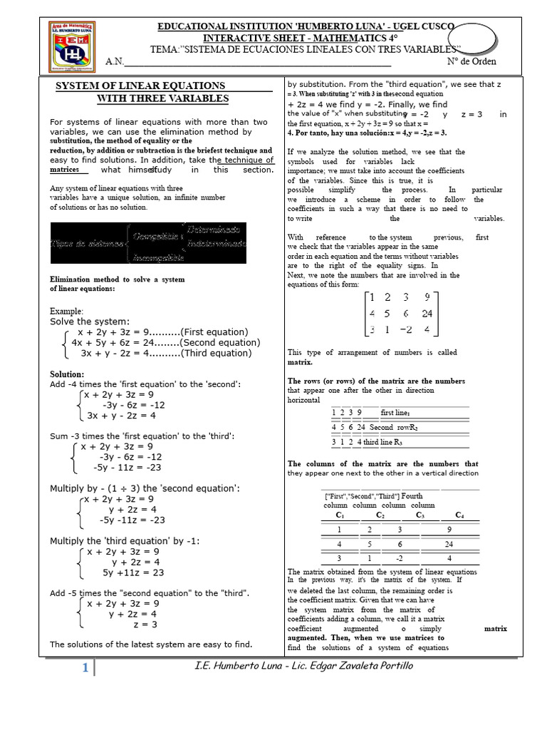 Interactive Sheet Linear Equations With Three Variables | PDF | Matrix ...