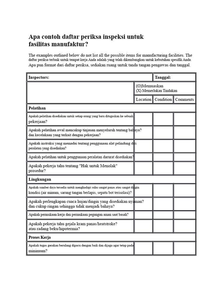 Daftar Periksa Inspeksi Fasilitas Manufaktur | PDF