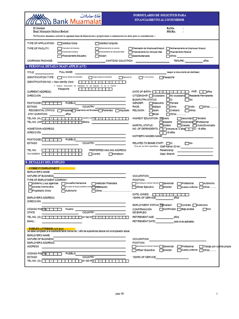 Formulario de Solicitud Del Banco Muamalat Completo | PDF | Bancos ...