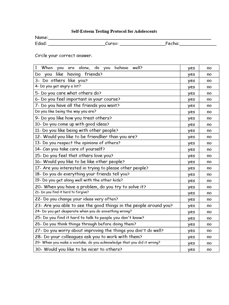Adolescent Self-Esteem Assessment Guide | PDF | Psychological Concepts ...