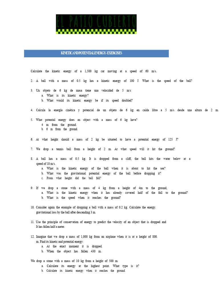Kinetic and Potential Energy Exercises | PDF | Kinetic Energy ...