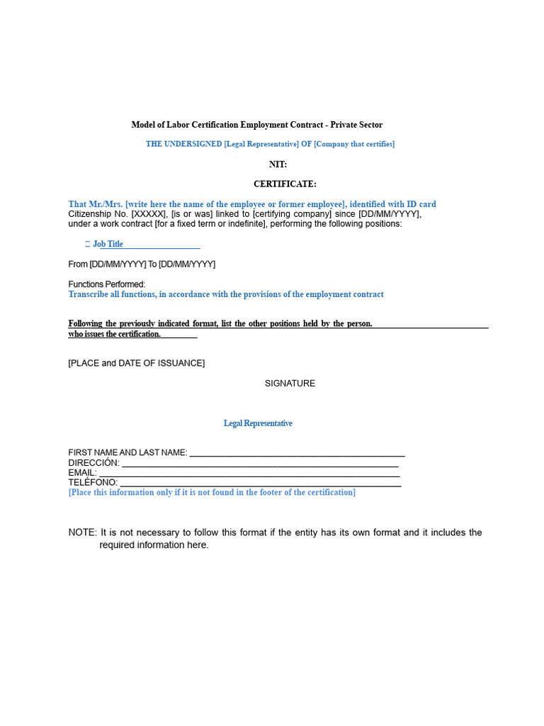 Labor Certification Model Private Sector | PDF