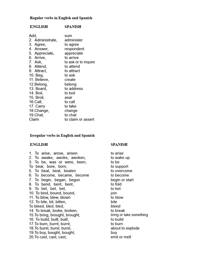 Regular Verbs in English and Spanish | PDF