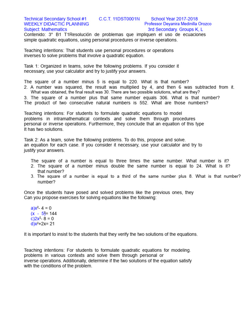 Secondary Mathematics Planning | PDF | Equations | Quadratic Equation