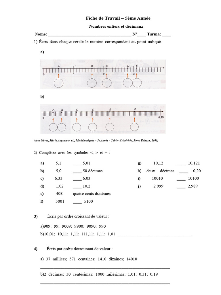 Nombres entiers et décimaux en 5e année | PDF | Division | Notation ...