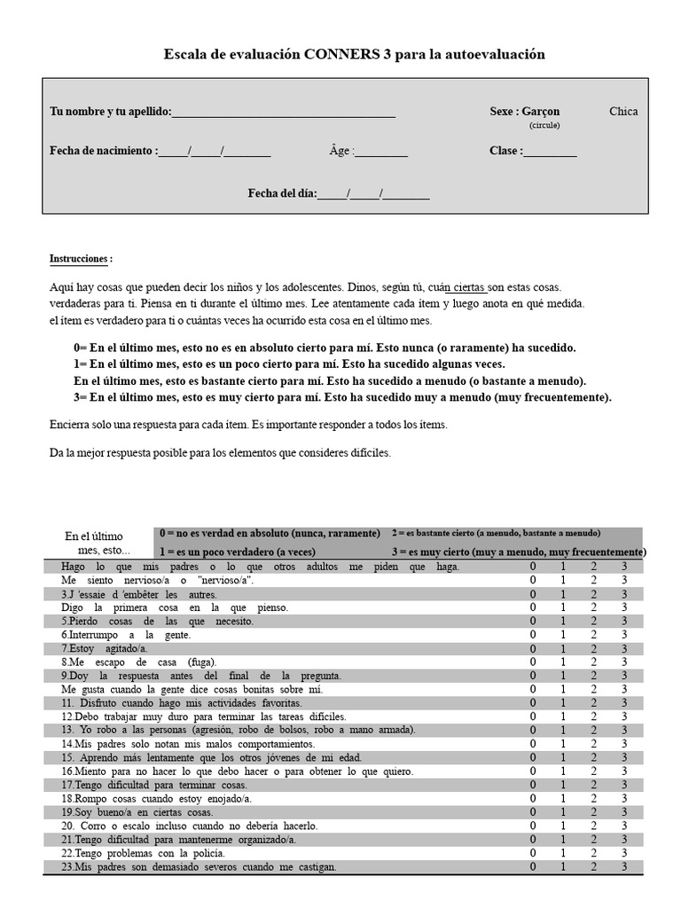 Evaluación Conners 3: Autoevaluación Infantil | PDF