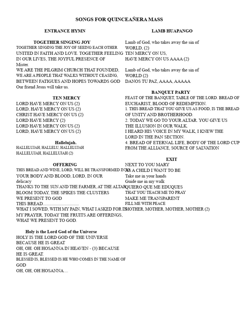 Quinceañera Mass Song Selections | PDF | Eucharist | Mass (Liturgy)