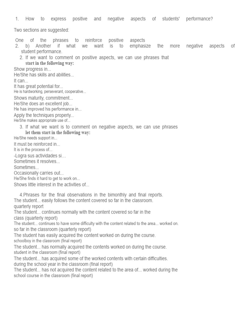 How to Express Positive and Negative Aspects of Student Performance | PDF | Learning ...