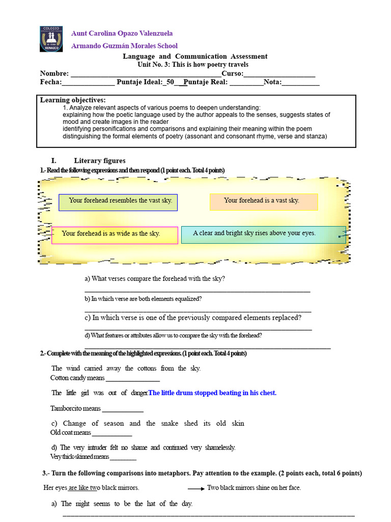Language and Communication Assessment Poem 5th | PDF | Rhyme | Poetry