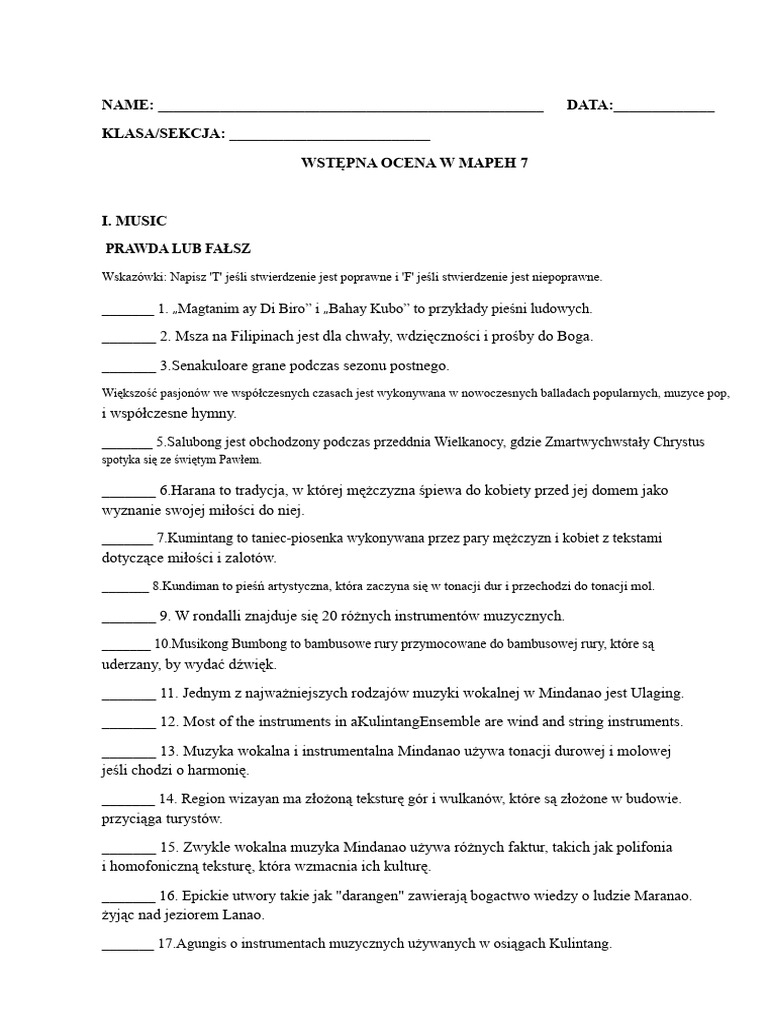 Pre-Assessment W MAPEH 7 | PDF