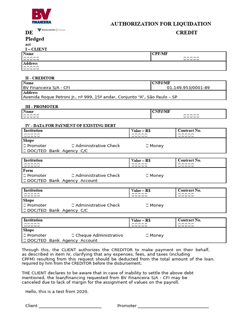 Authorization for Credit Liquidation Form | PDF