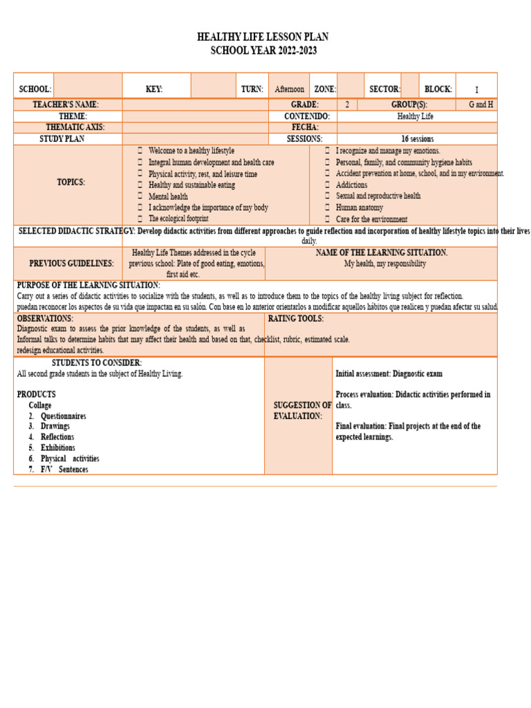 Healthy Living Lesson Plan 2022-2023 | PDF | Lesson Plan ...