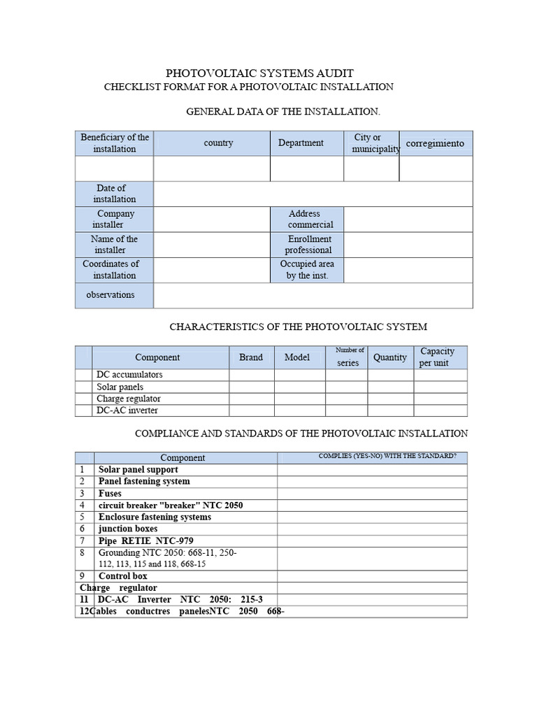 Photovoltaic Systems Audit Checklist | PDF | Photovoltaic System ...