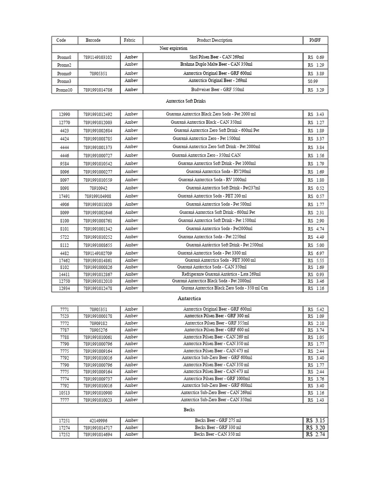 Ambev Beer and Soft Drink Prices | PDF | Soft Drink | Cola
