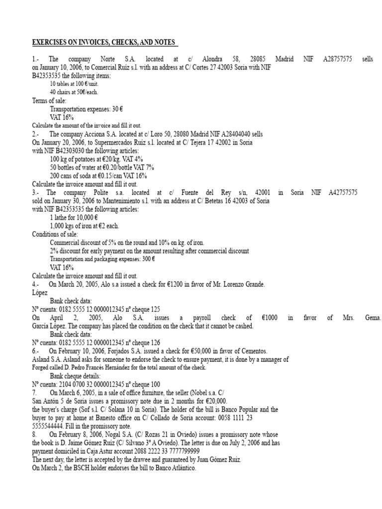 Exercises On Invoices and Payment Methods | PDF | Invoice | Money