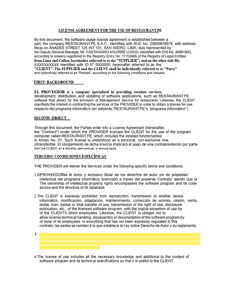 Restaurant.PE Software License Agreement | PDF | License | Software