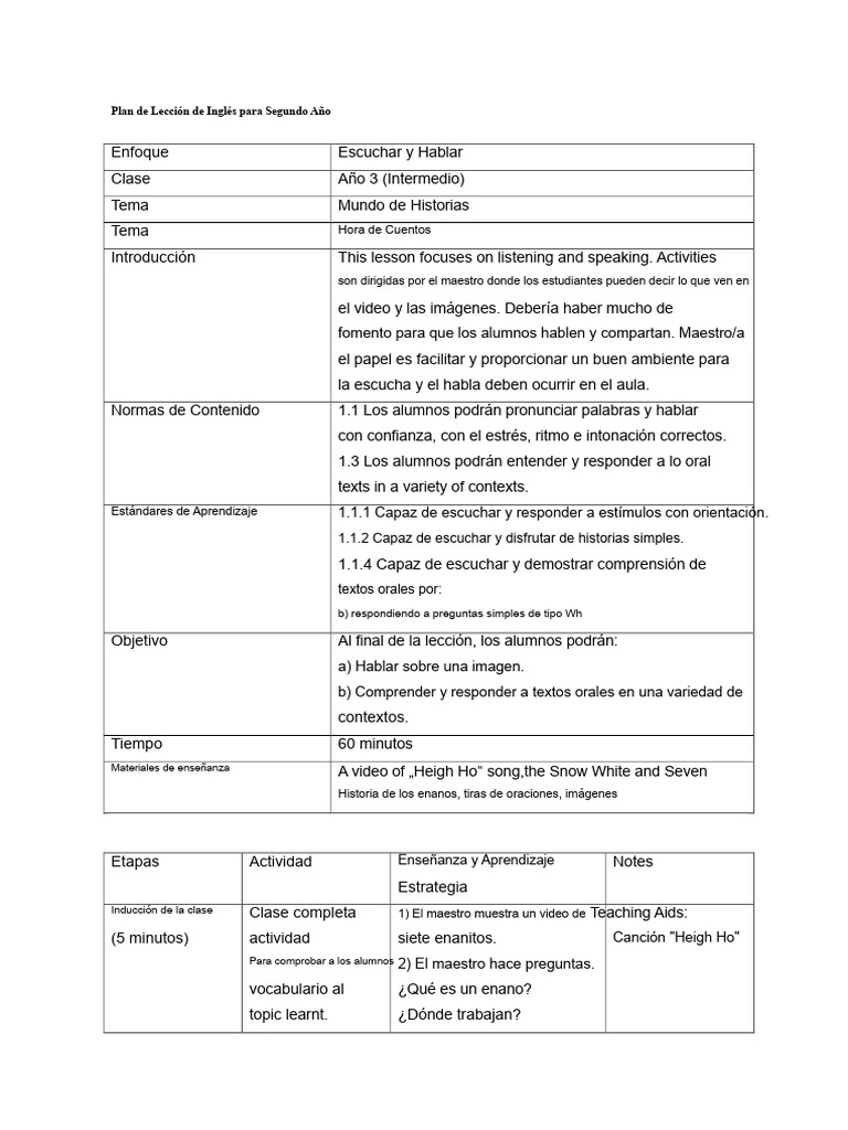 Plan de Lección de Escucha y Habla | PDF | Blanco como la nieve ...