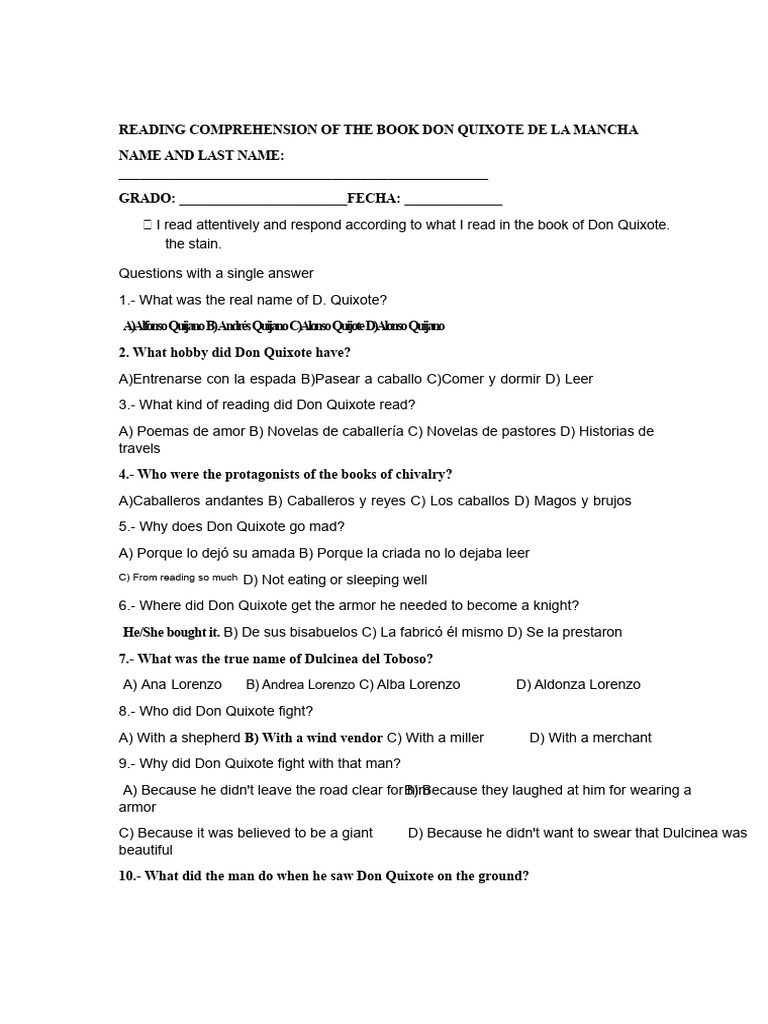 Reading Comprehension of Don Quixote de La Mancha 2019 | PDF | Don Quixote